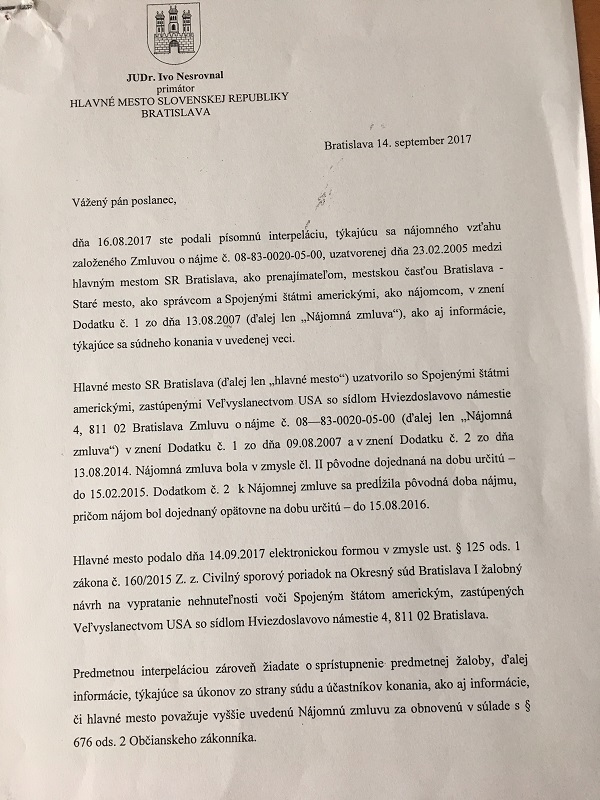Poslanec M. Borguľa: Mesto podáva žalobu voči Veľvyslanectvu Spojených ...